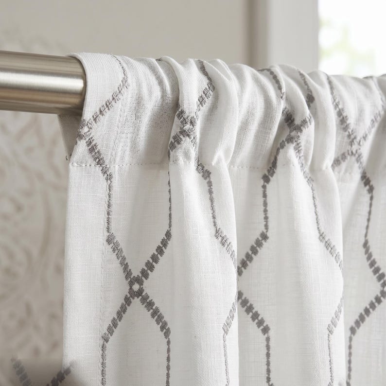 Embroidered Linen Curtains, Gray Trellis Drapes, Modern Farmhouse ...