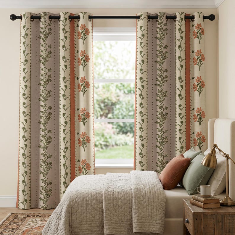 Floral Stripe Curtains, Vintage Botanical Curtain Panels, Cottagecore ...