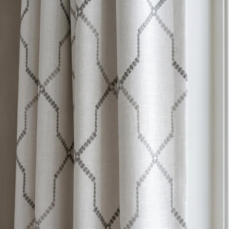 Embroidered Linen Curtains, Gray Trellis Drapes, Modern Farmhouse ...