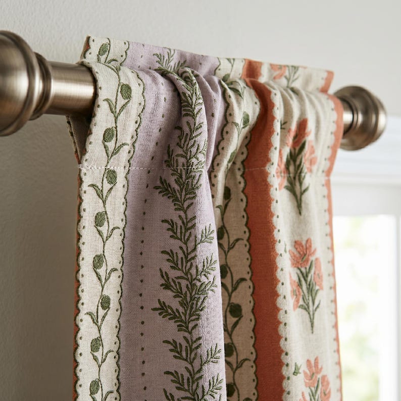 Floral Stripe Curtains, Vintage Botanical Curtain Panels, Cottagecore ...