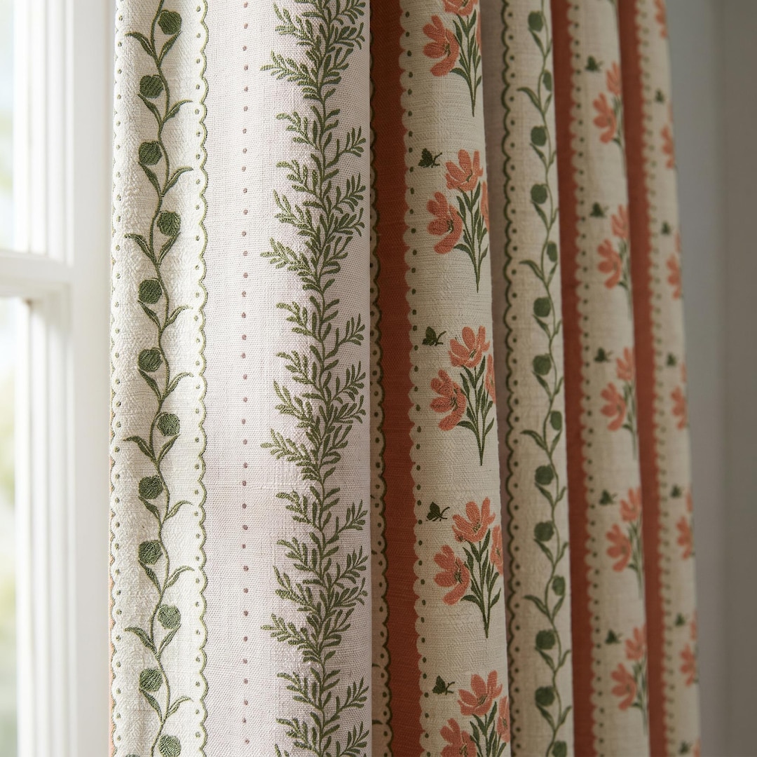 Floral Stripe Curtains, Vintage Botanical Curtain Panels, Cottagecore ...