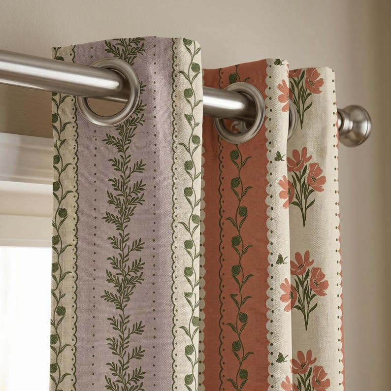 Floral Stripe Curtains, Vintage Botanical Curtain Panels, Cottagecore ...