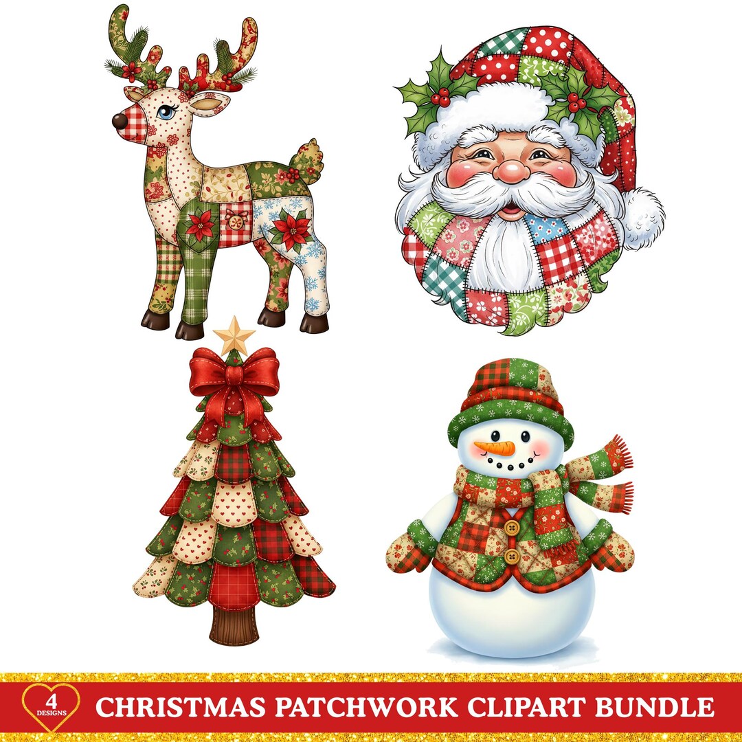 Patchwork Christmas Clipart Bundle, Vintage Christmas PNG, Santa Claus ...