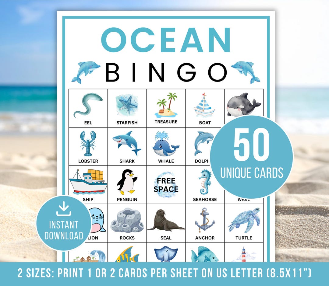 Ocean Bingo, 50 Ocean Bingo Cards, Printable Ocean Bingo, Kids Ocean ...