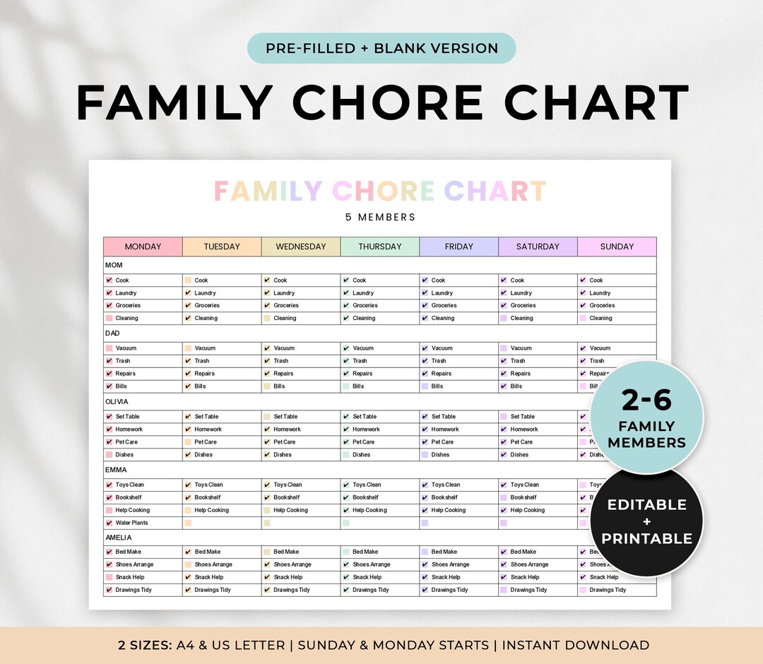 Editable Family Chore Chart, Family Planner Printable, Weekly Family ...