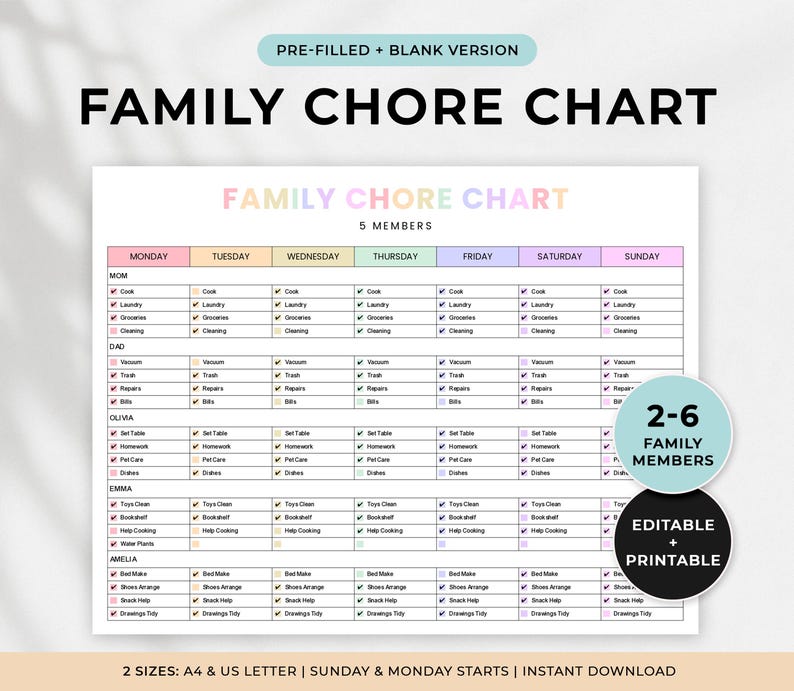 Editable Family Chore Chart, Family Planner Printable, Weekly Family ...