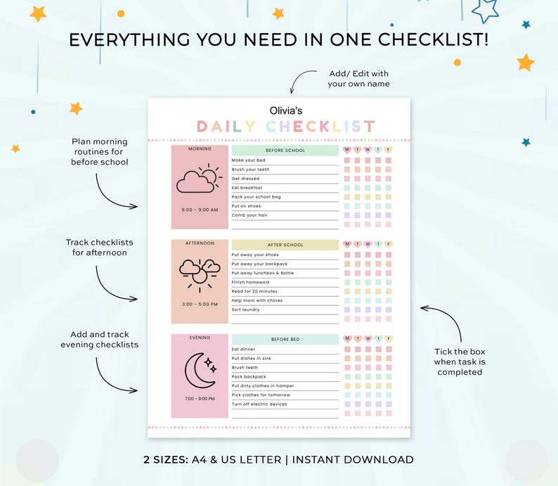 Kids Daily Checklist Editable, Kids Routine Chart, Printable Kids Daily ...