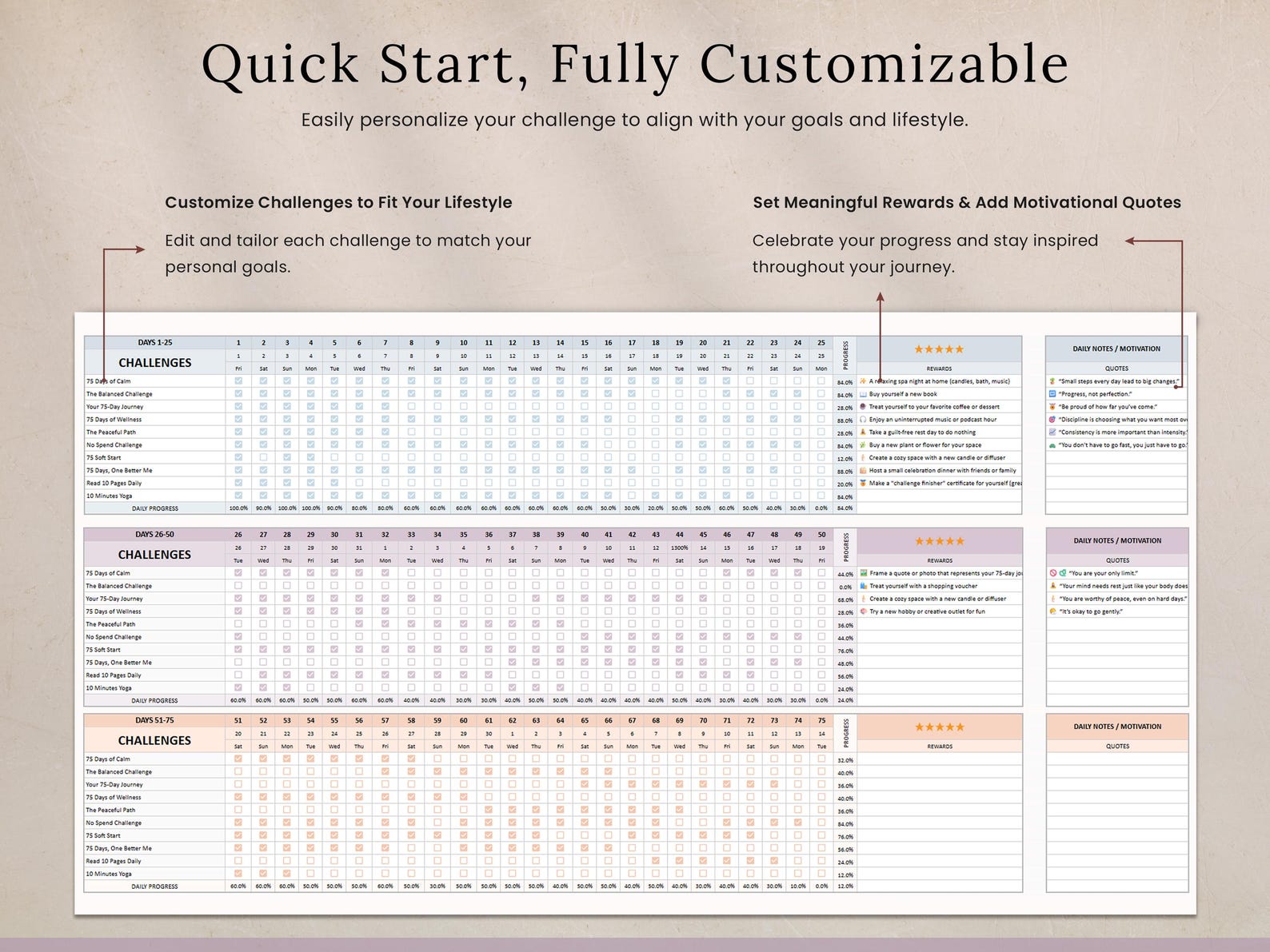 75 Challenge Spreadsheet Fitness Tracker Template 75 Easy Challenge ...