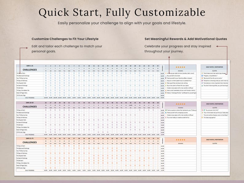 75 Challenge Spreadsheet Fitness Tracker Template 75 Easy Challenge ...