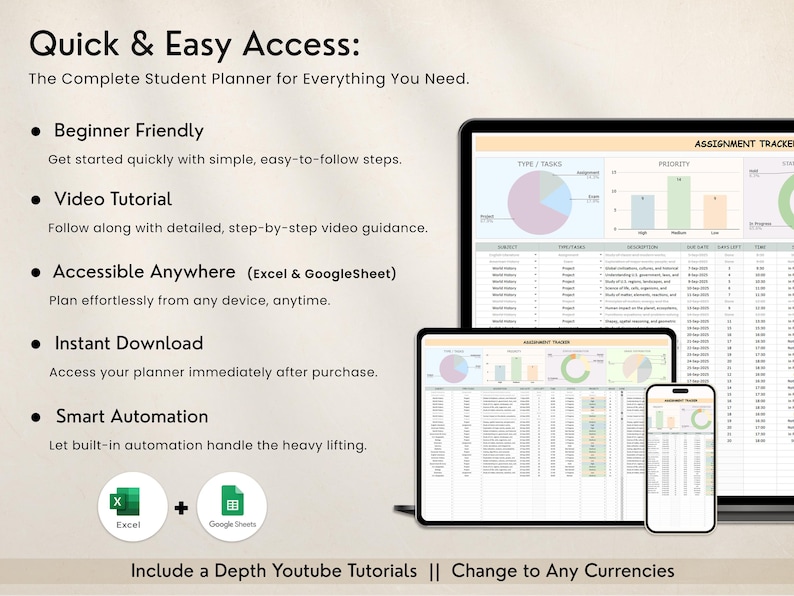 Academic Student Planner Spreadsheet Google Sheets Excel Assignment ...