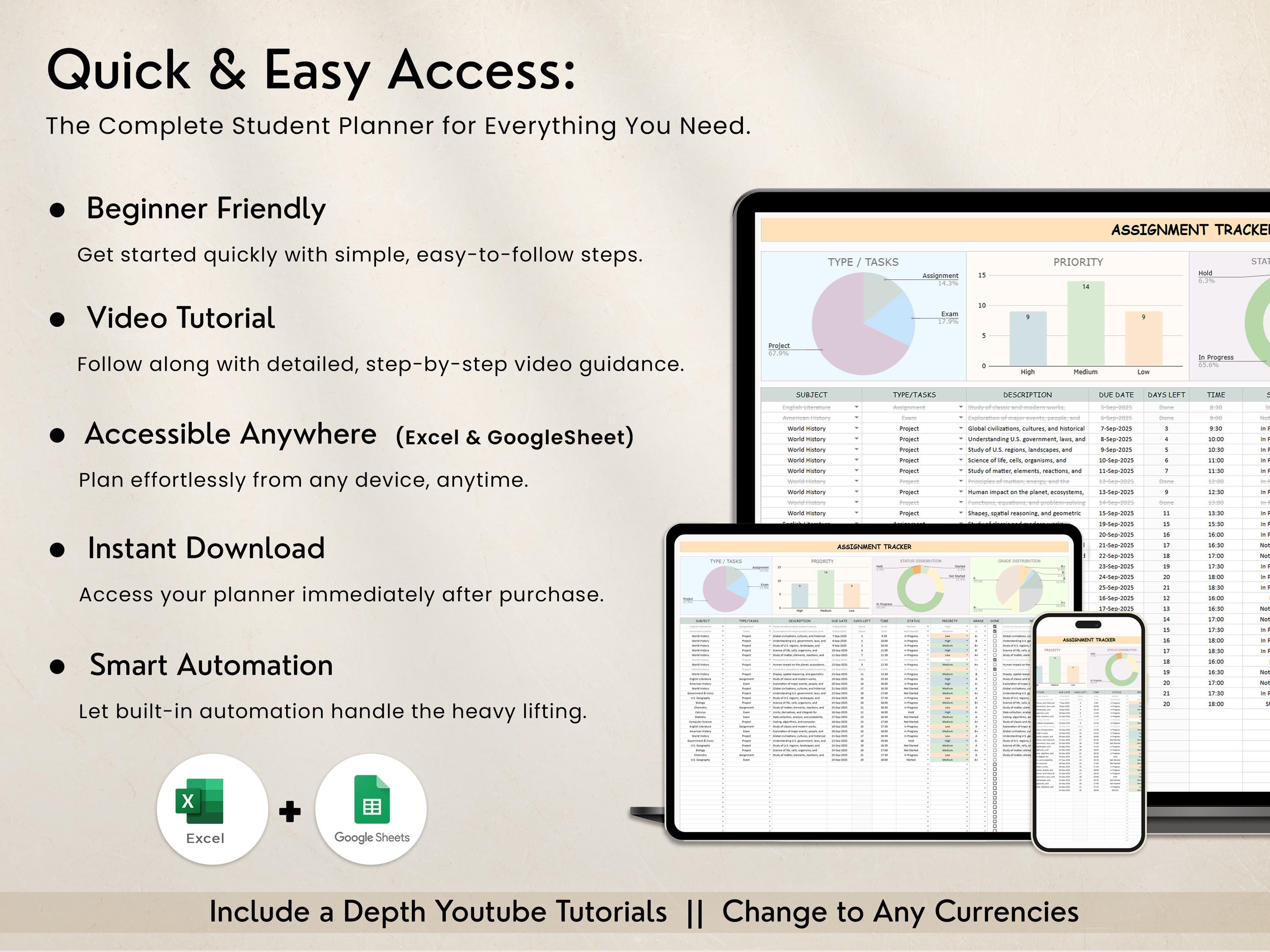 Academic Student Planner Spreadsheet Google Sheets Excel Assignment ...