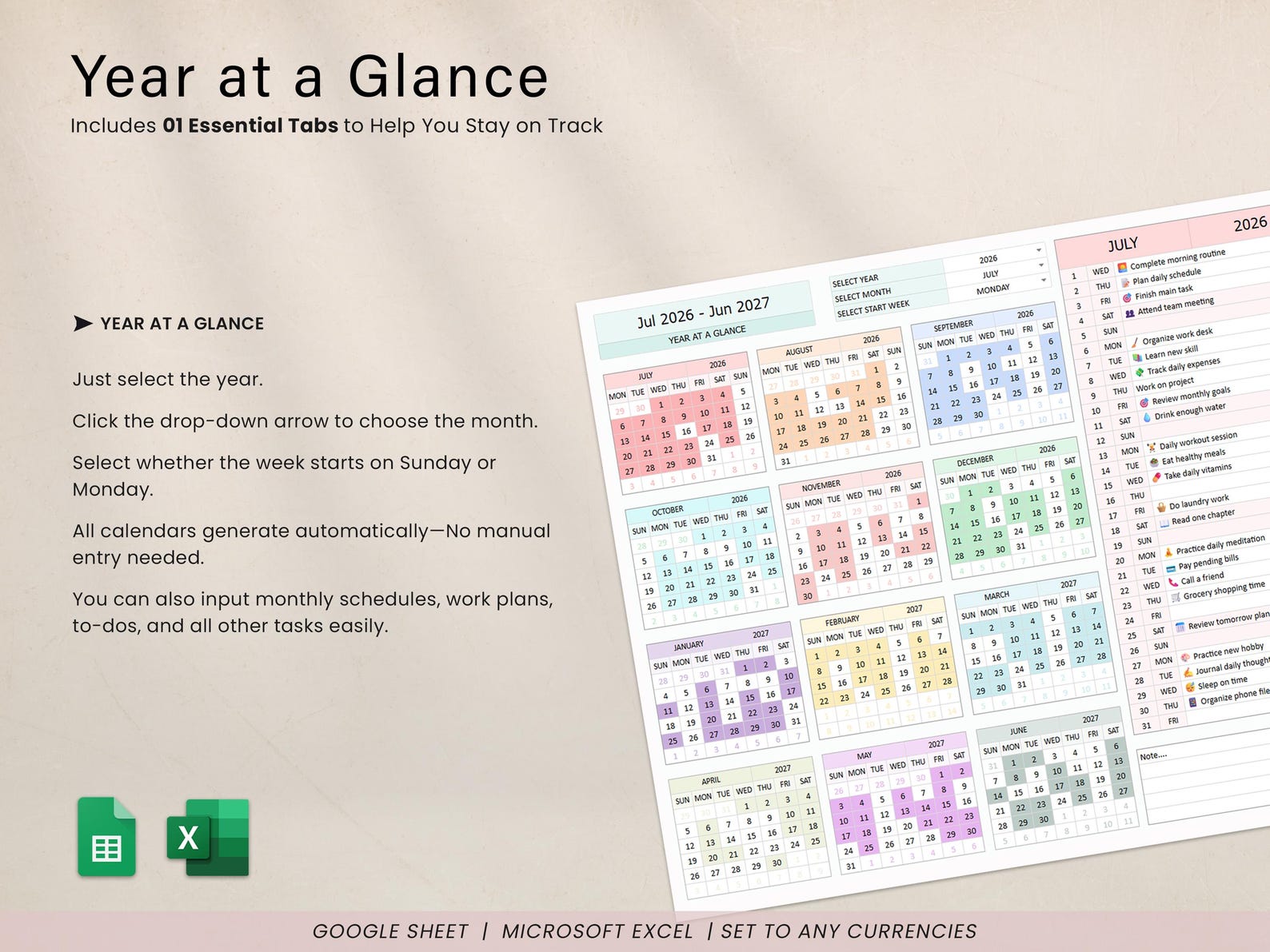Year at a Glance Calendar Google Sheets & Excel Template, Yearly ...