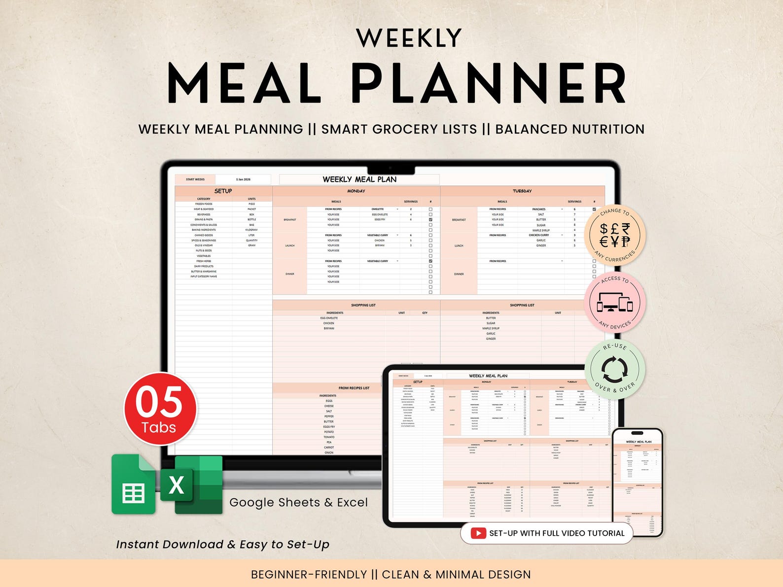 Weekly Meal Planner Spreadsheet Google Sheets Excel Recipe Journal ...