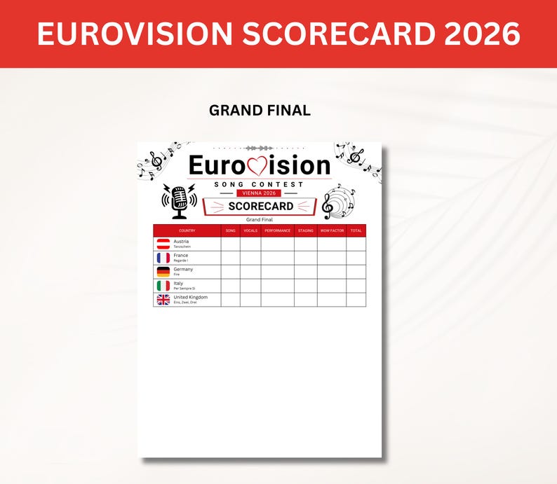 Eurovision 2026 Sweepstake Kit, Eurovision Song Contest Vienna 2026 ...