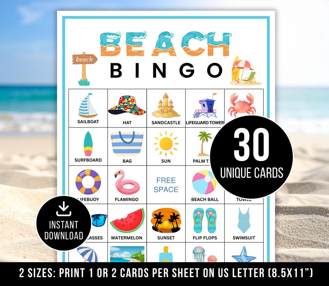 Beach Bingo, 30 Beach Day Bingo Cards, Kids Printable Bingo Game ...
