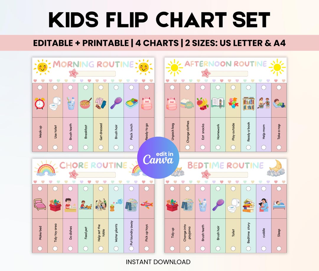Printable Kids Flip Routine Chart, Editable Morning Evening Bedtime ...