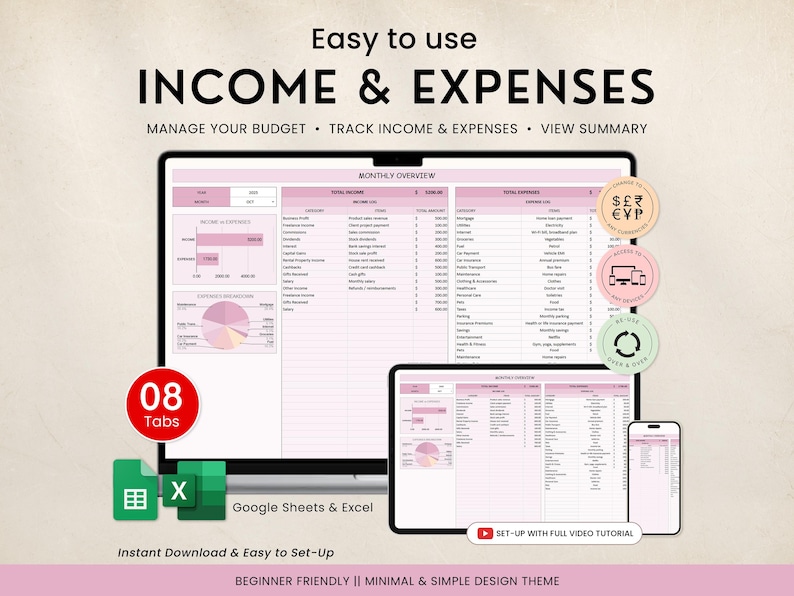 Income and Expense Tracker Spreadsheet for Google Sheets Excel ...