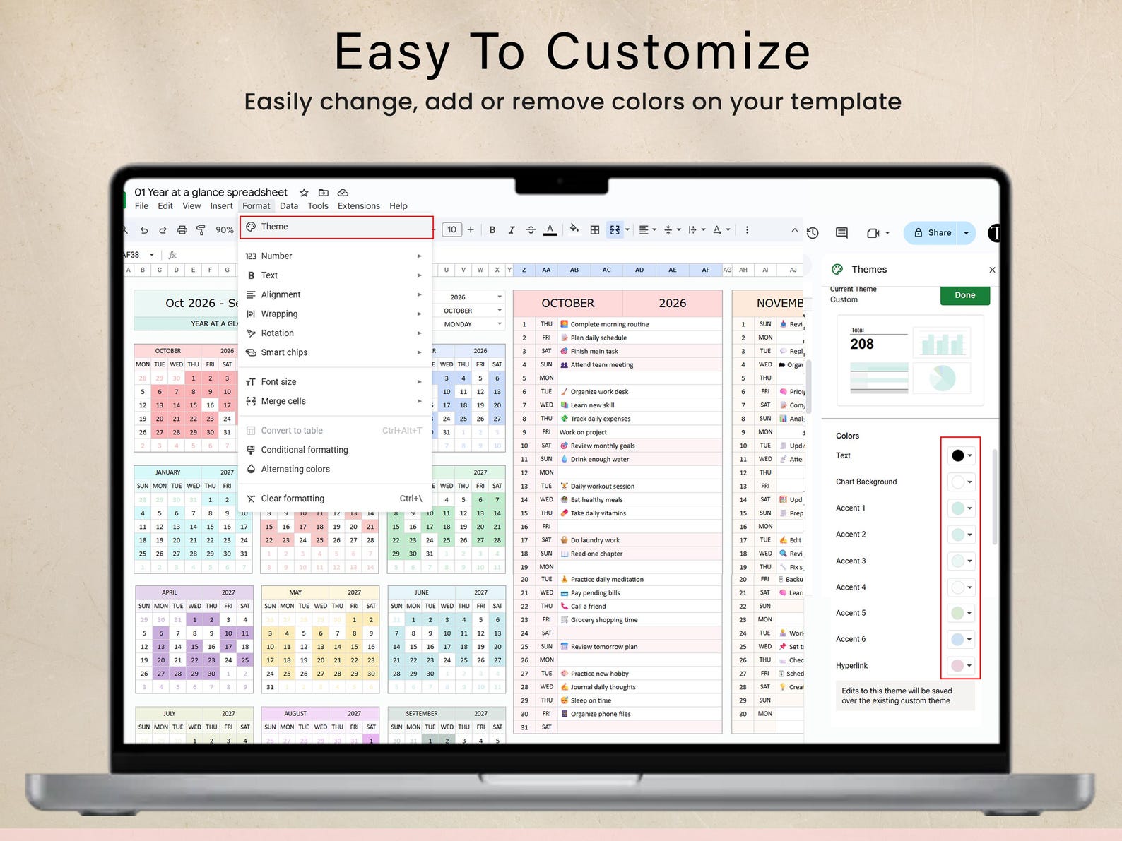 Year at a Glance Calendar Google Sheets & Excel Template, Yearly ...
