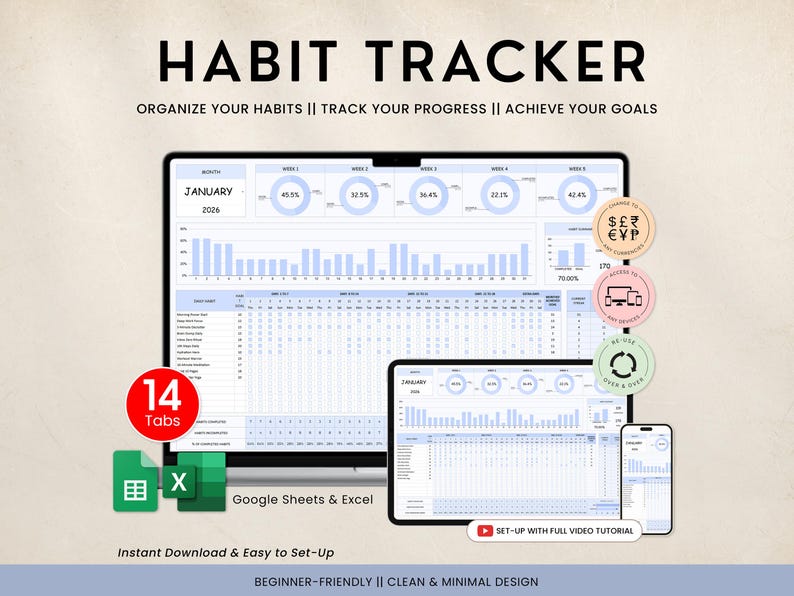 Habit Tracker Daily Weekly Monthly Habit, Daily Routine Tracker, Goal ...