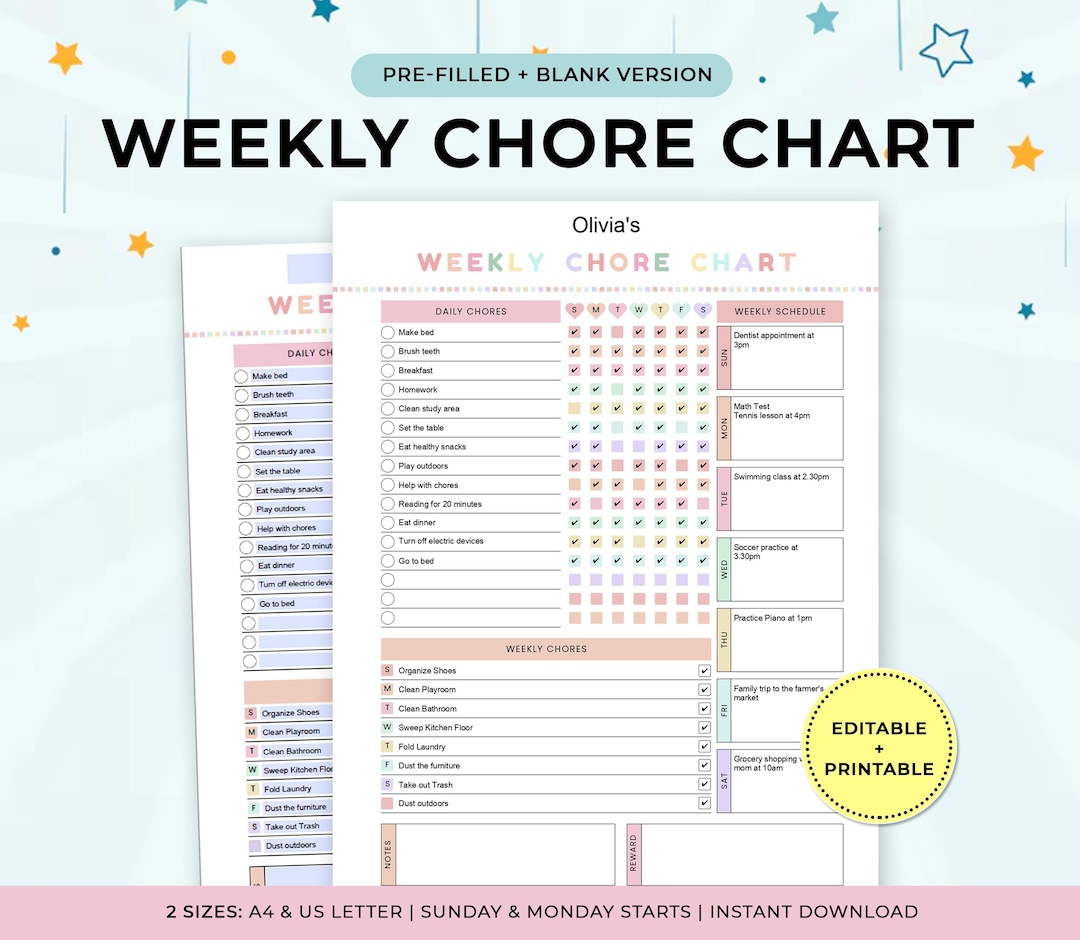 Editable Kids Weekly Chore Chart, Printable Daily Weekly Chore Chart ...