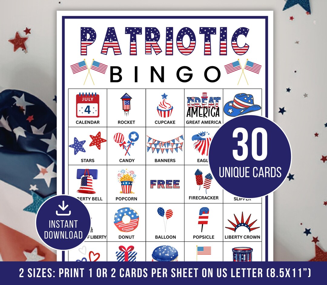 Patriotic Bingo, 30 Patriotic Bingo Cards, Printable Party Games, 4th ...