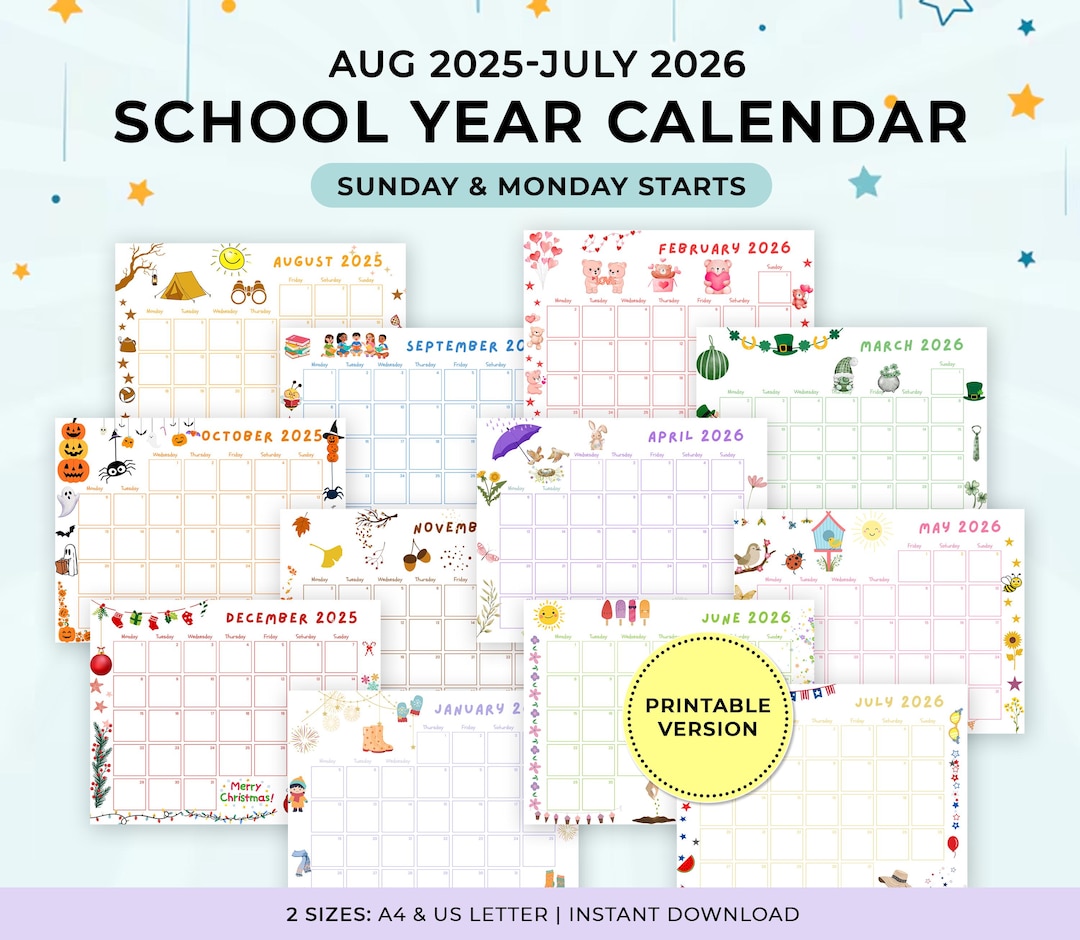 School Year Calendar, Printable Monthly School Calendar, Academic ...
