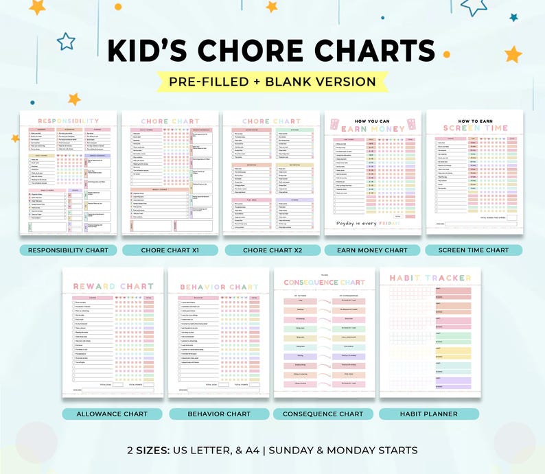 Editable Kids Chore Chart Bundle, School, Reward, Allowance, Daily ...