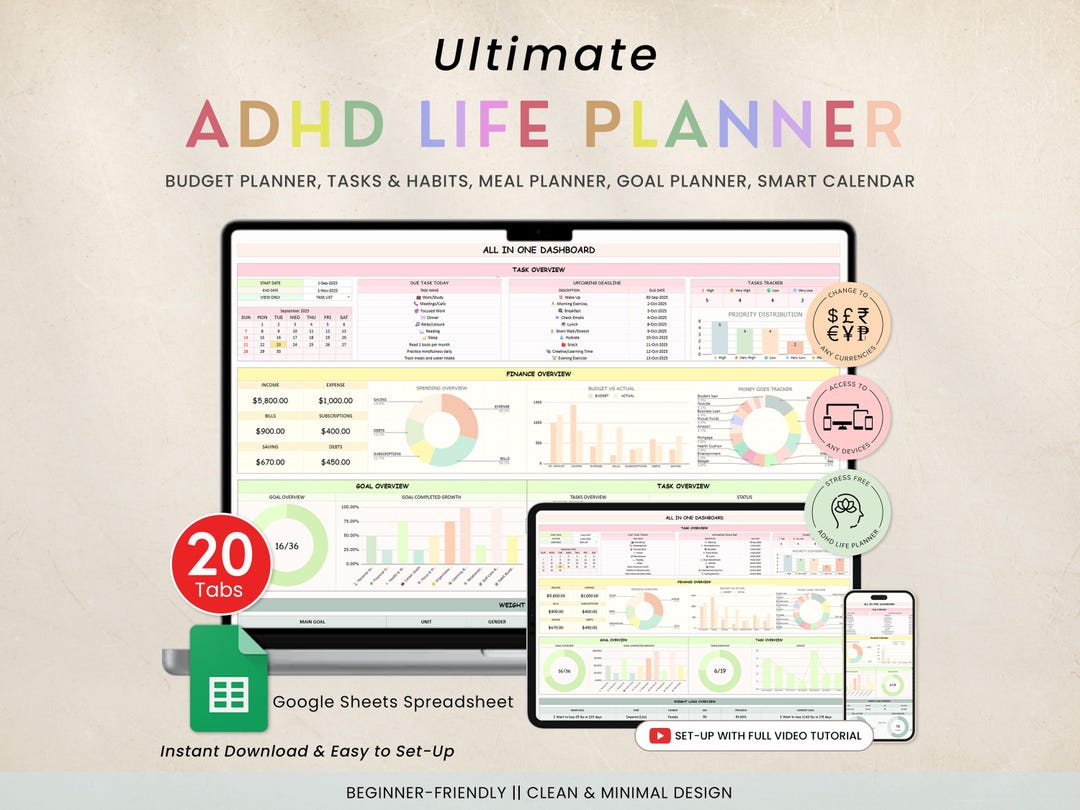 ADHD Life Planner Spreadsheet Google Sheets to Do List Savings Tracker ...