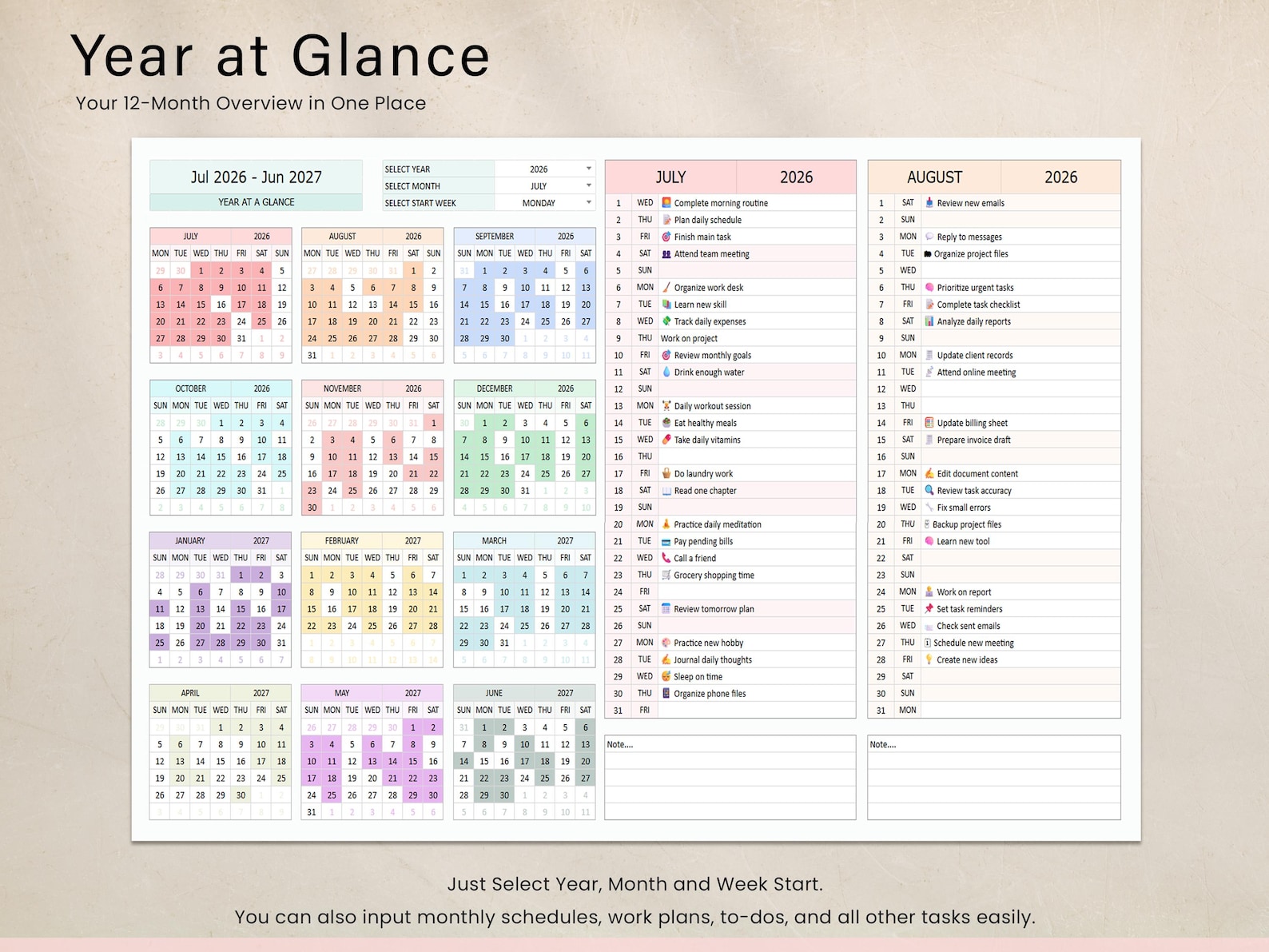 Year at a Glance Calendar Google Sheets & Excel Template, Yearly ...