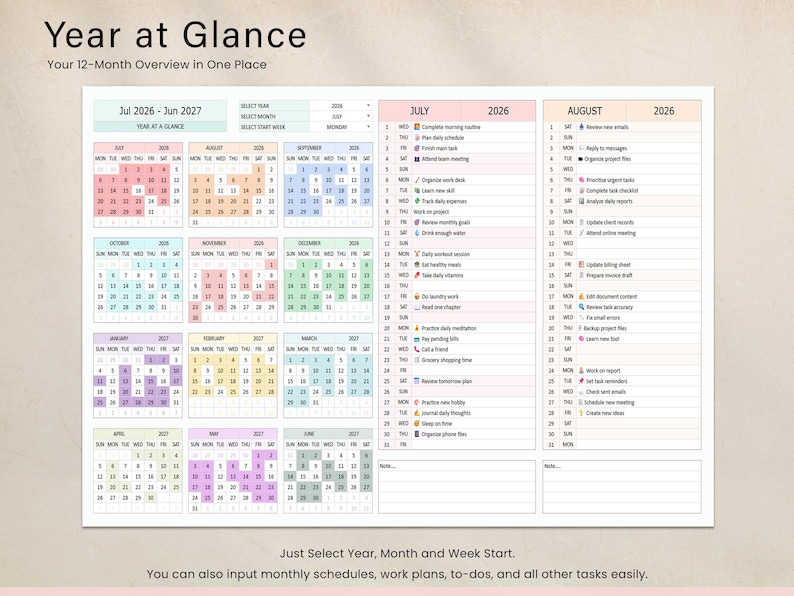 Year at a Glance Calendar Google Sheets & Excel Template, Yearly ...