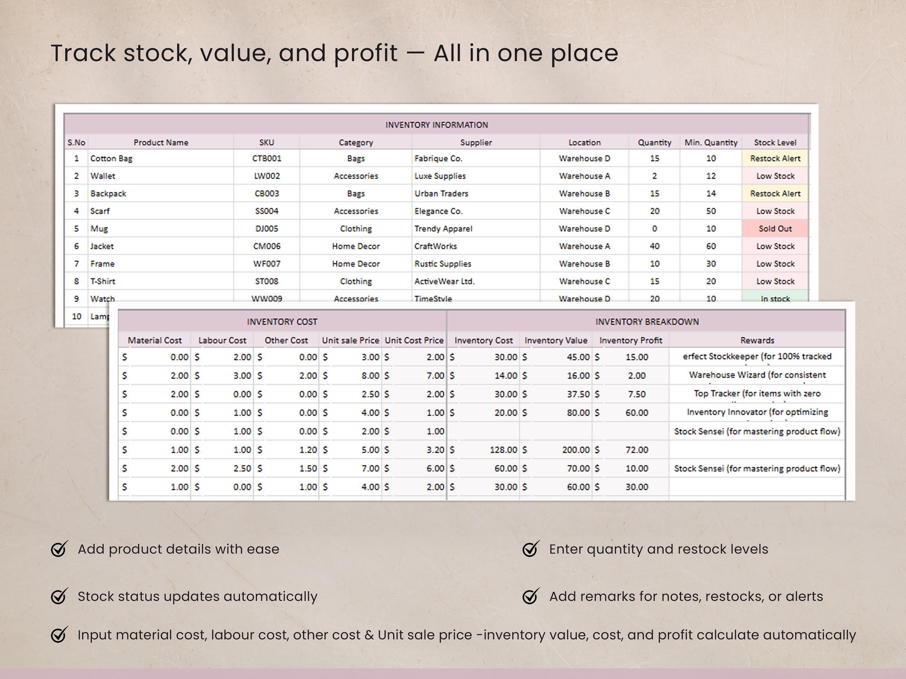 Inventory Tracker Spreadsheet, Small Business Profit Tracking, Google ...