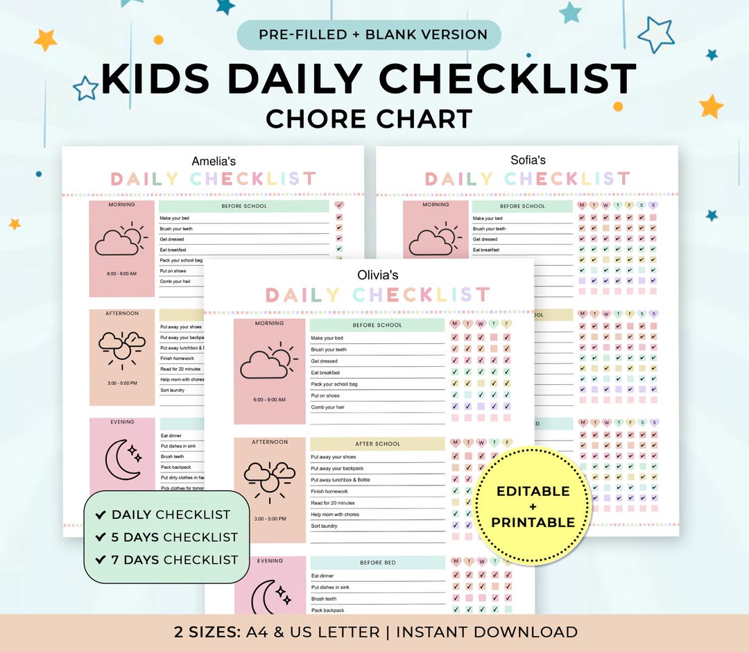 Kids Daily Checklist Editable, Kids Routine Chart, Printable Kids Daily ...