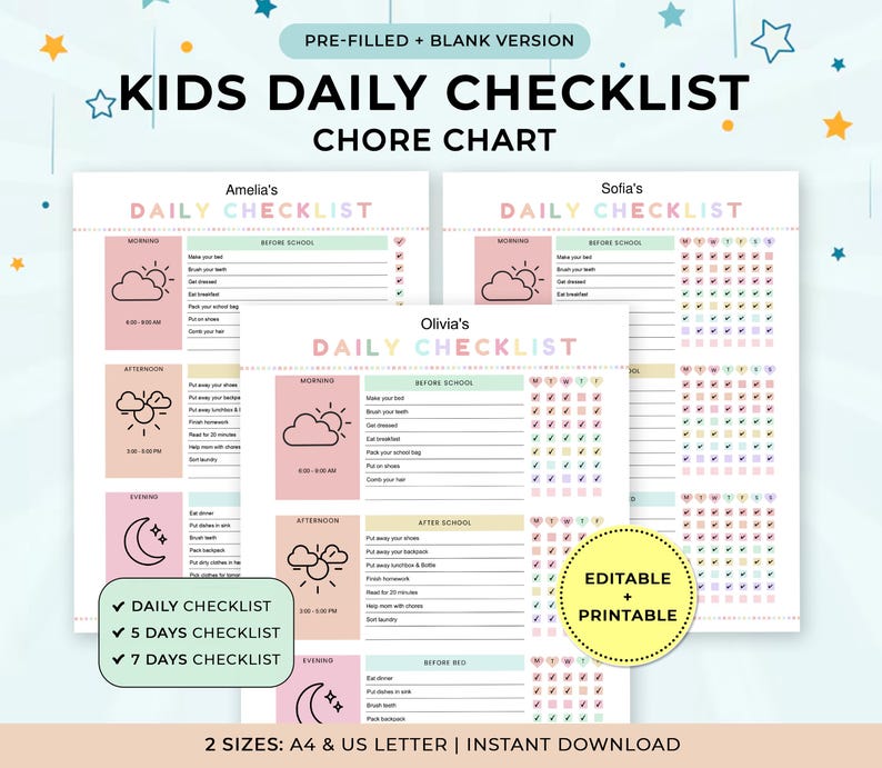 Kids Daily Checklist Editable, Kids Routine Chart, Printable Kids Daily ...