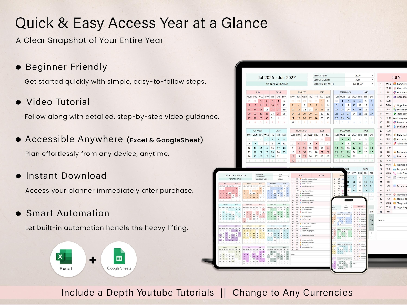 Year at a Glance Calendar Google Sheets & Excel Template, Yearly ...