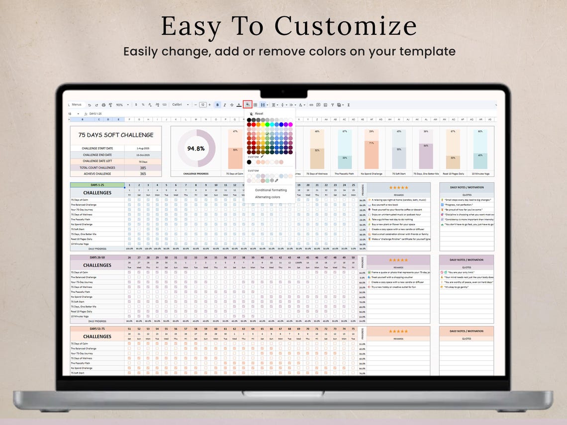 75 Challenge Spreadsheet Fitness Tracker Template 75 Easy Challenge ...