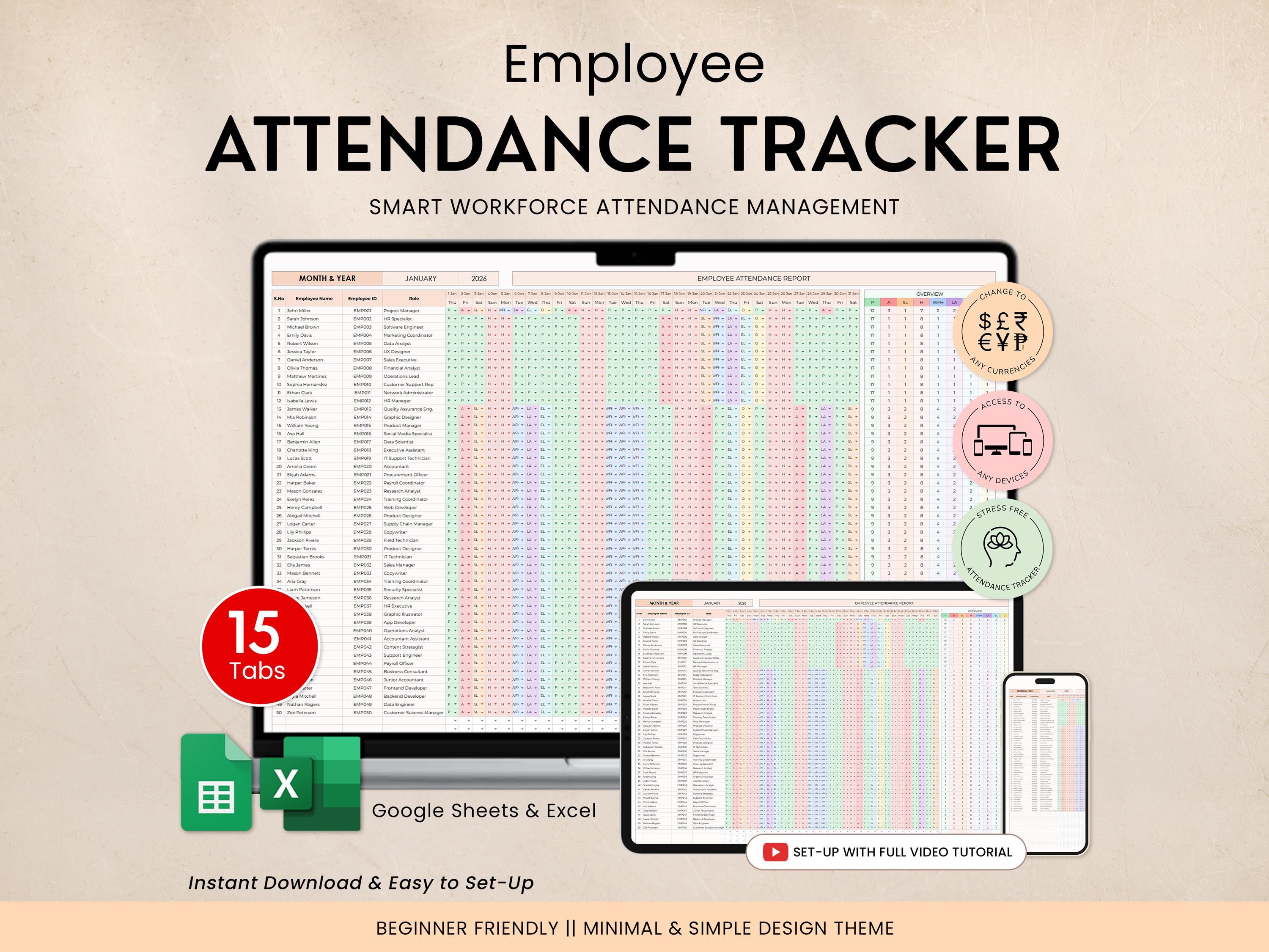 Employee Attendance Tracker | Excel & Google Sheets | Absence, Sick ...