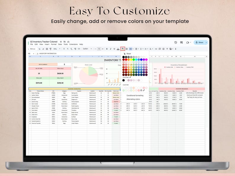 Inventory Tracker Google Sheets Excel Template Inventory Management, Stock, Reorder Alerts ...