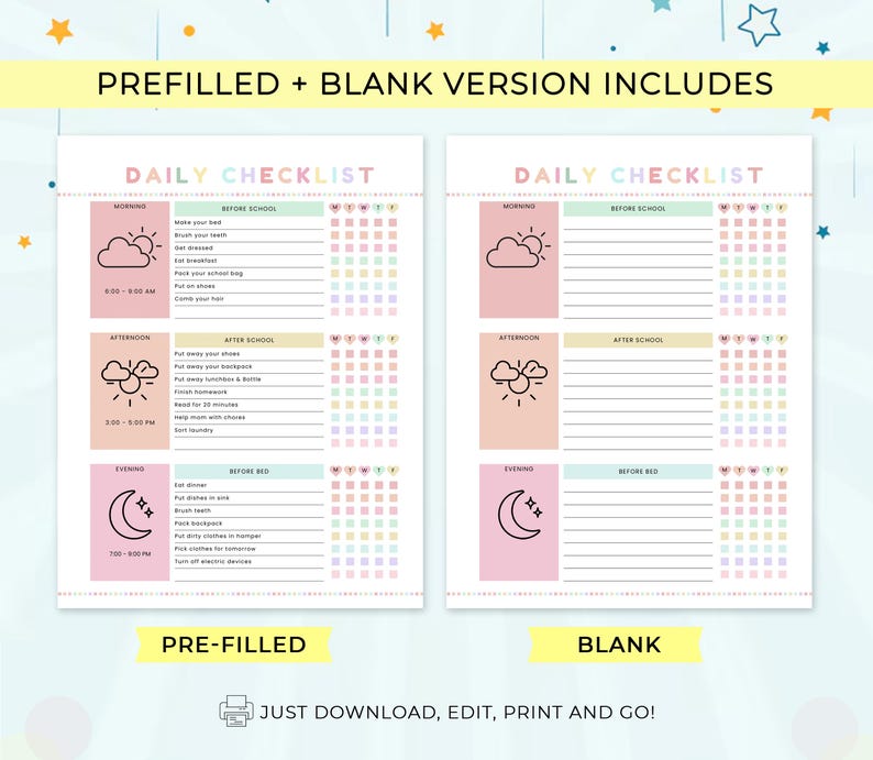 Kids Daily Checklist Editable, Kids Routine Chart, Printable Kids Daily ...