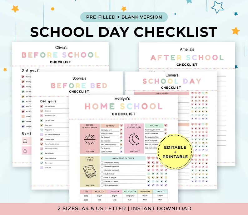 Editable Schoolday Checklist, Kids Chore Chart, Kids Responsibility ...