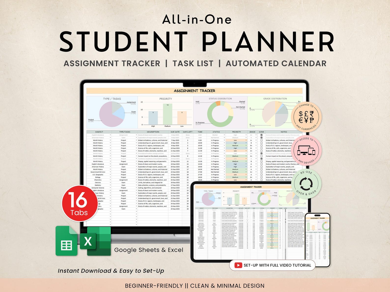Academic Student Planner Spreadsheet Google Sheets Excel Assignment ...