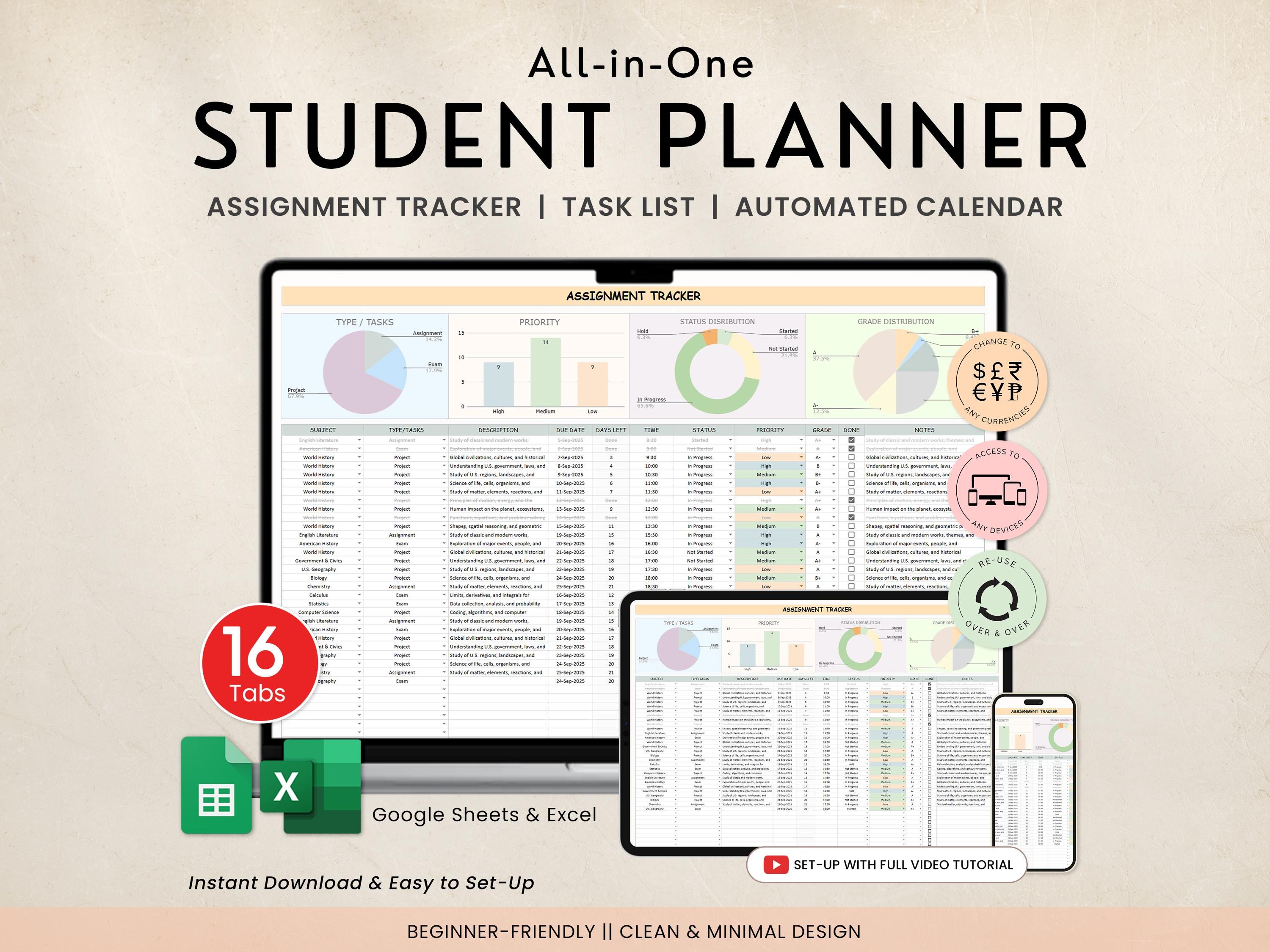 Academic Student Planner Spreadsheet Google Sheets Excel Assignment Project Exam Tracker Study ...