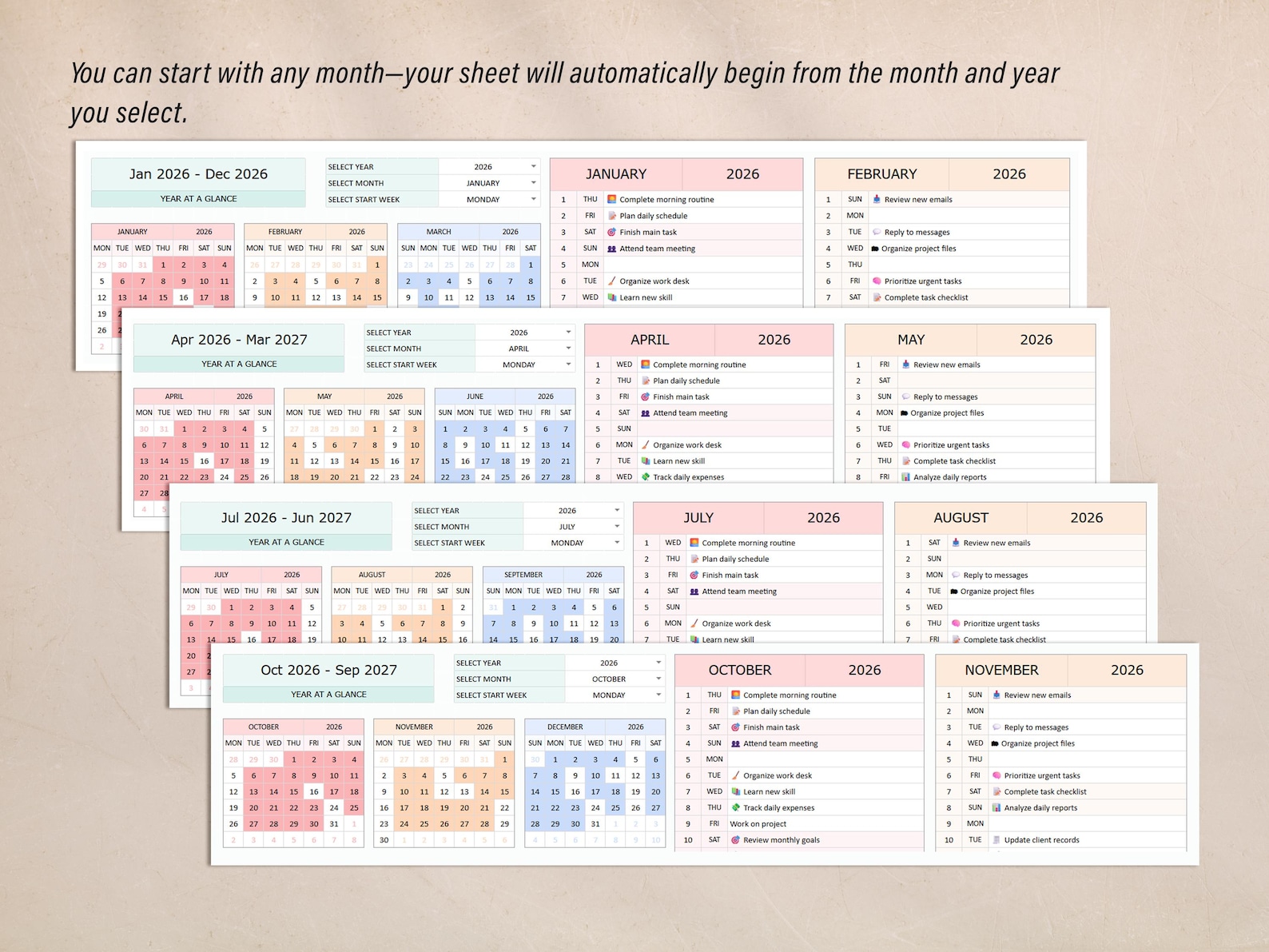 Year at a Glance Calendar Google Sheets & Excel Template, Yearly ...