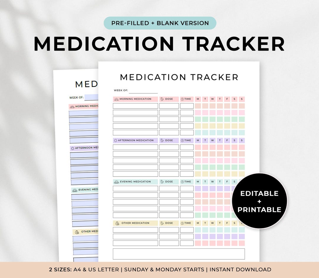 Daily Medication Tracker, Printable Medication Log, Weekly Medicine ...