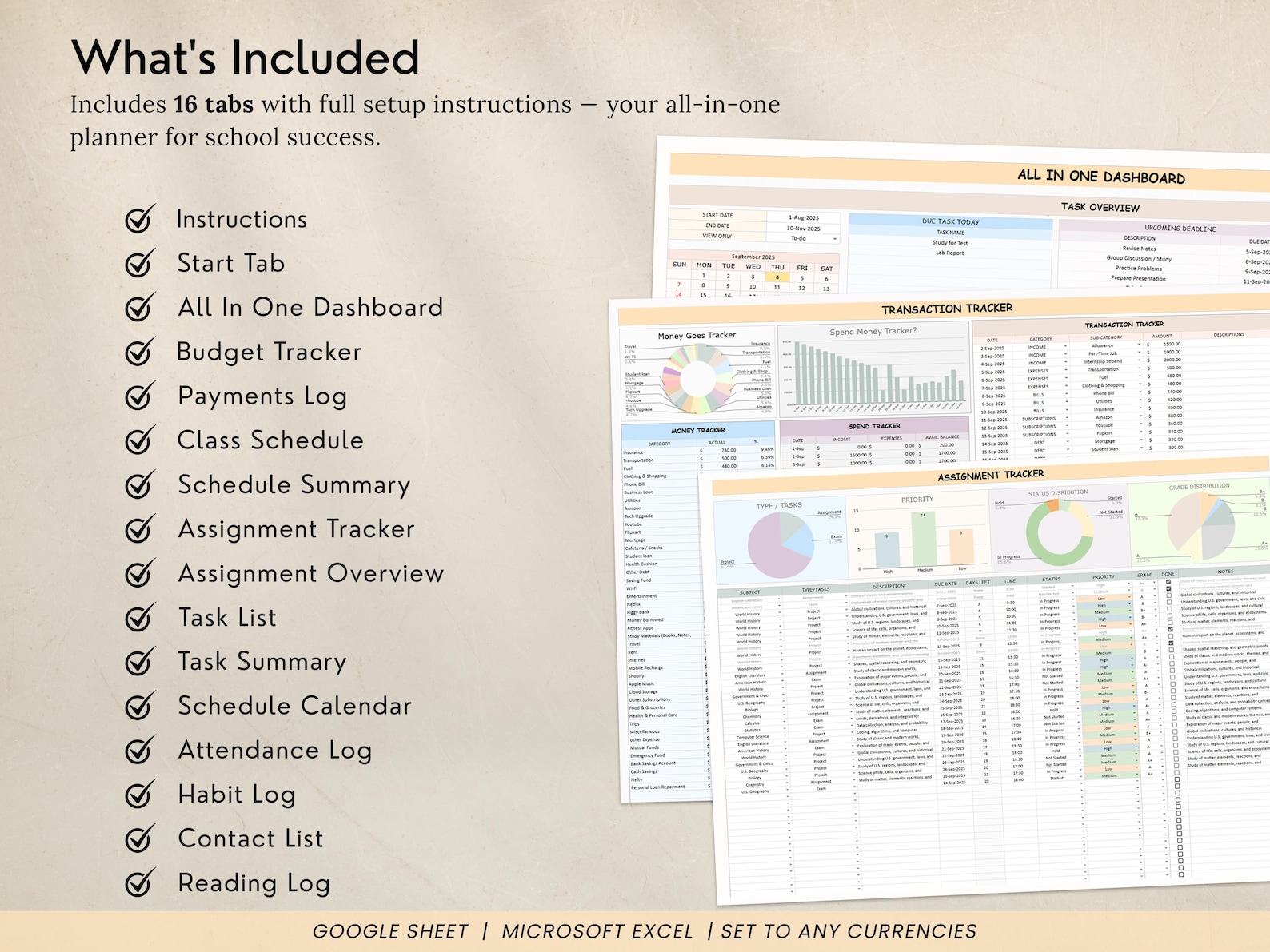 Academic Student Planner Spreadsheet Google Sheets Excel Assignment ...