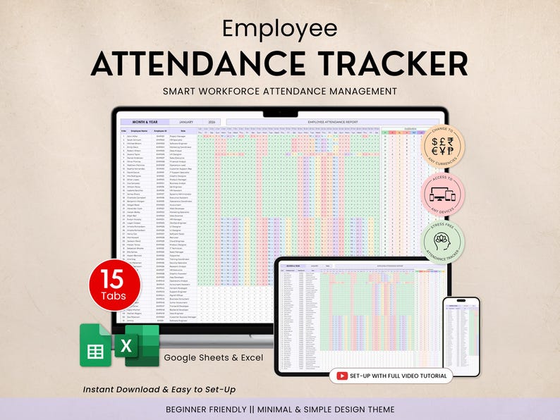 Employee Attendance Tracker Excel Spreadsheet, Human Resources ...
