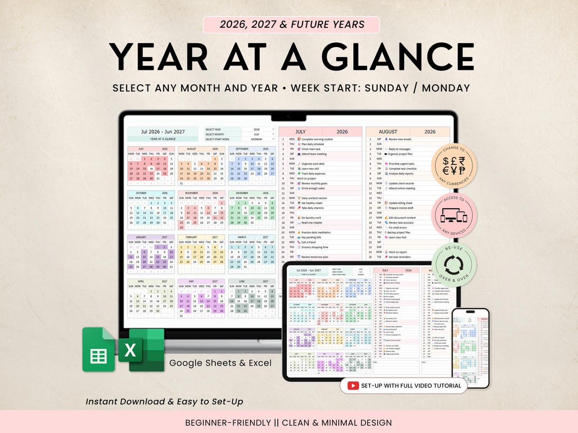 Year at a Glance Calendar Google Sheets & Excel Template, Yearly ...