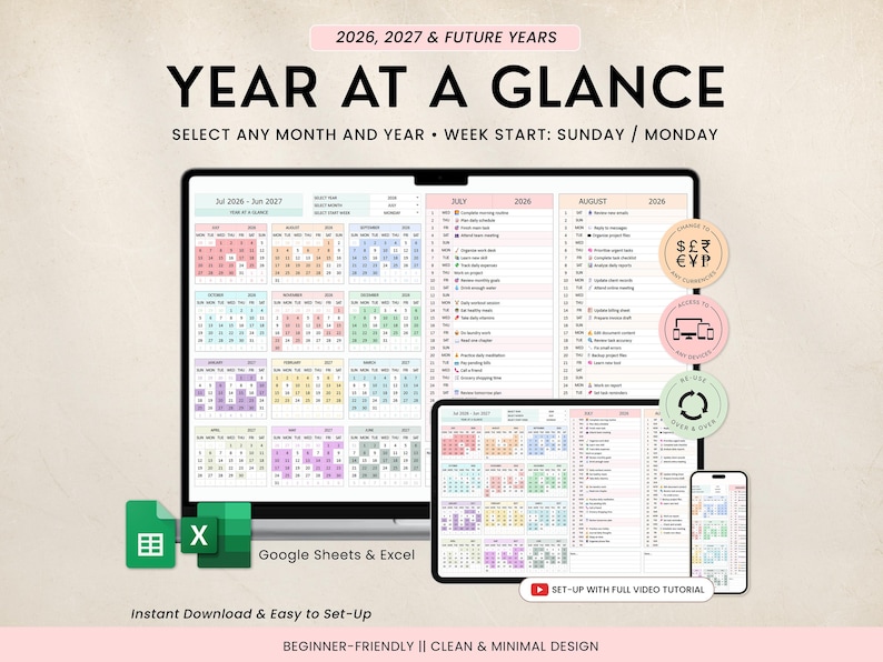 Year at a Glance Calendar Google Sheets & Excel Template, Yearly ...