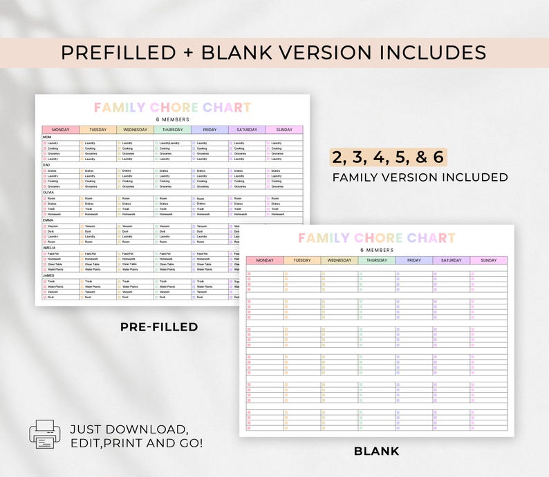 Editable Family Chore Chart, Family Planner Printable, Weekly Family ...