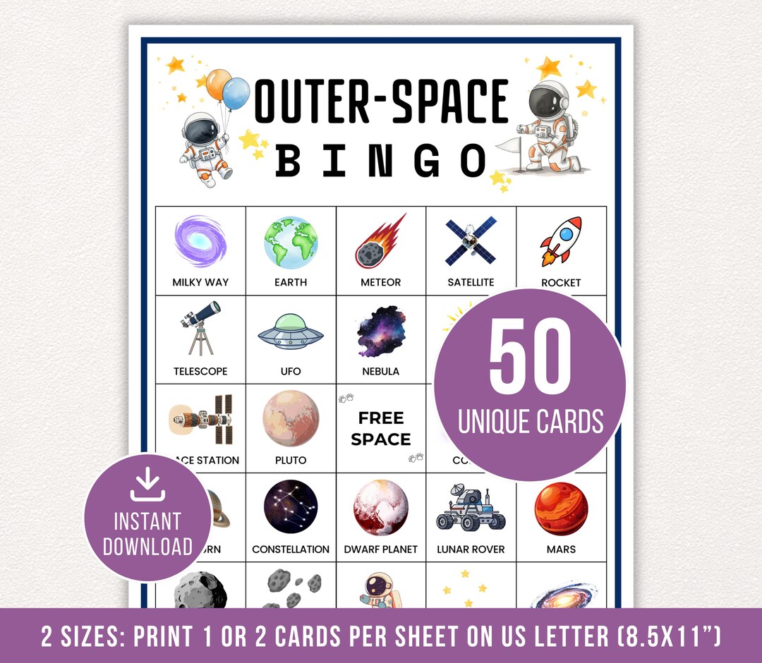 Outer Space Bingo, Solar System Bingo, 50 Printable Space Bingo Cards ...
