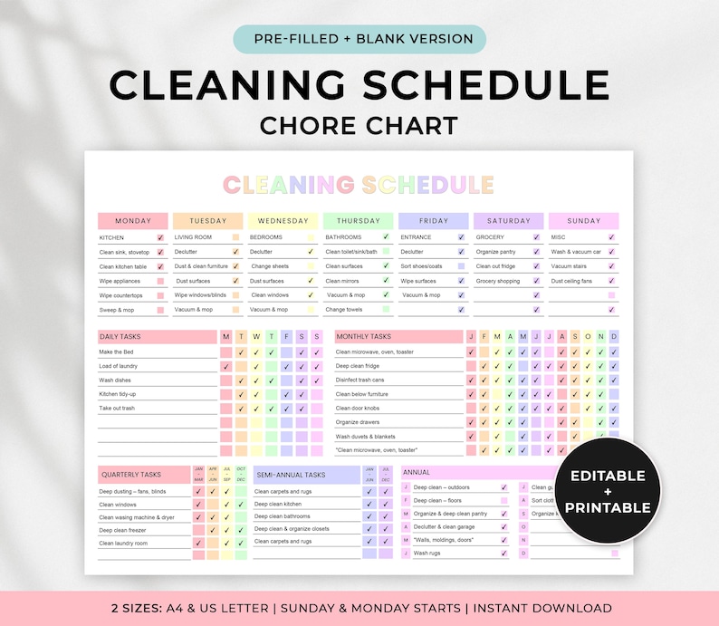 EDITABLE Cleaning Schedule Checklist ADHD Cleaning Planner Household ...